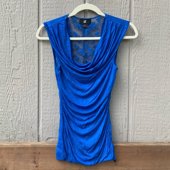 Iz Byer | Tops | Iz Byer Royal Blue Scoop Drape Neck Sheer Mesh Crochet ...